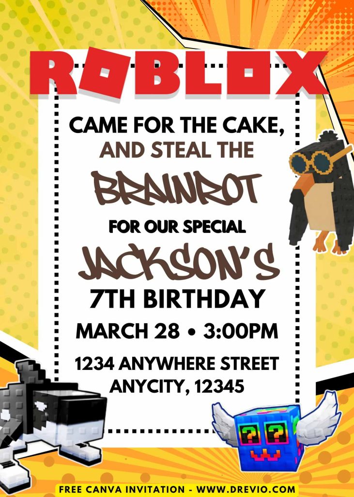 FREE Steal a Brainrot Birthday Invitations