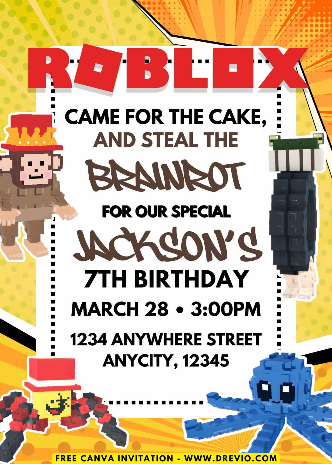 FREE Steal a Brainrot Birthday Invitations