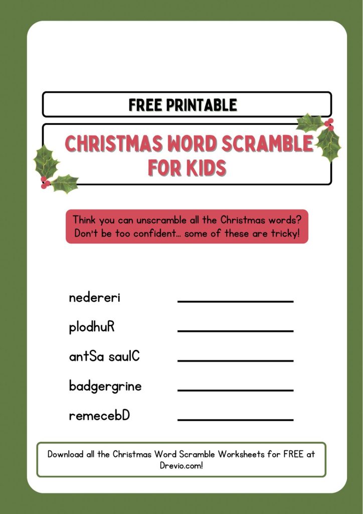 Christmas Word Scramble Puzzle Worksheets