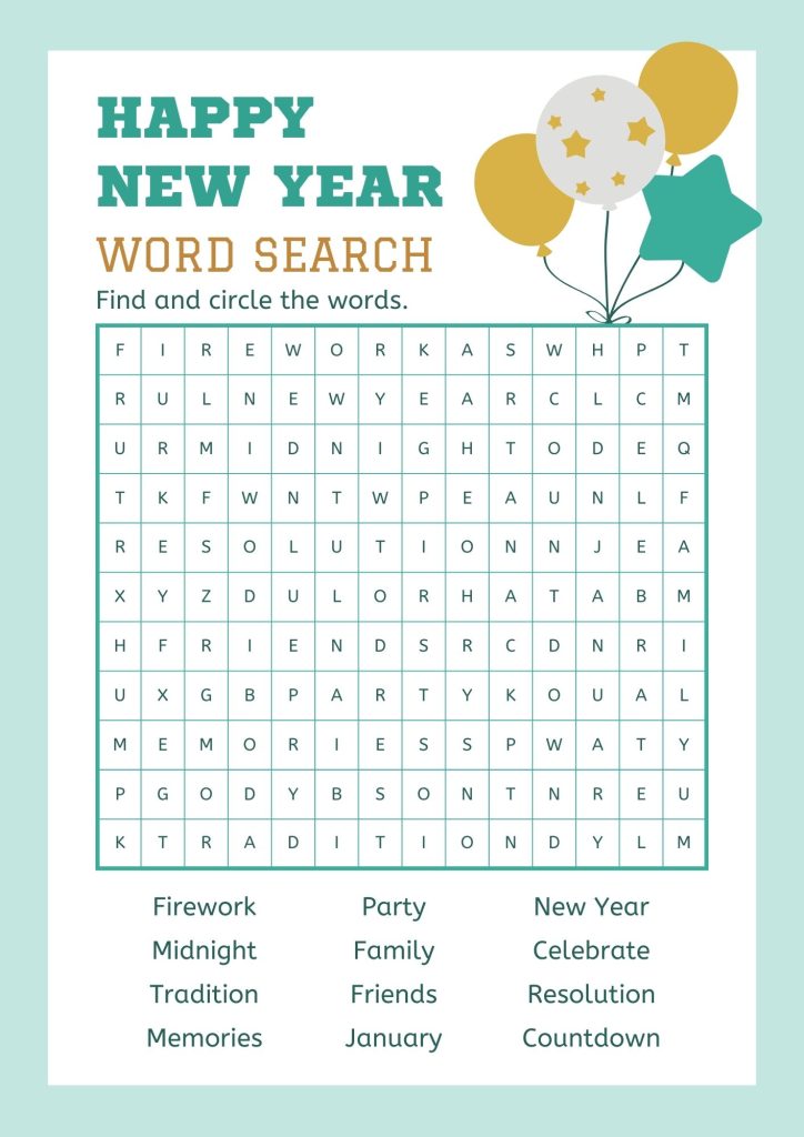 New Year Word Search Printable for Kids
