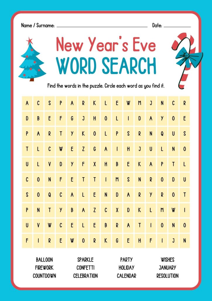 New Year Word Search Printable for Kids