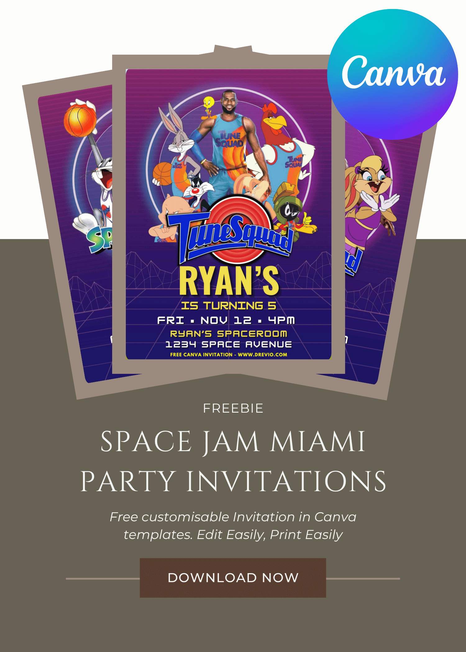 Free Space Jam Birthday Invitations Editable Canva