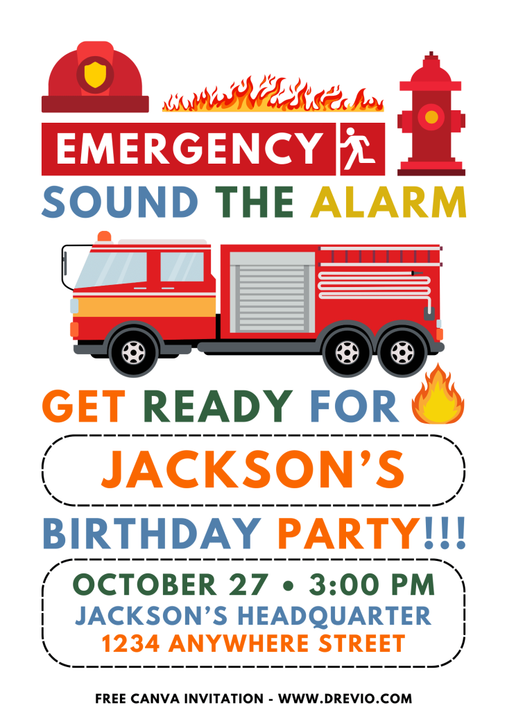 Free Fire Truck – Firefighter Birthday Invitations